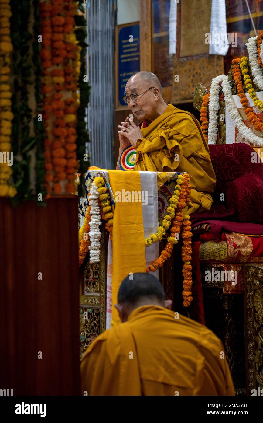 Tibetan spiritual leader the Dalai Lama attends a prayer by devotees ...
