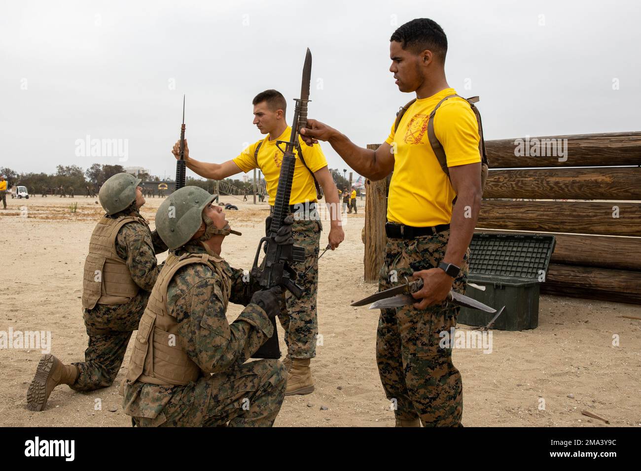 U.S. Marine Corps drill instructors with Echo Company, 2nd Recruit Training Battalion attach ...