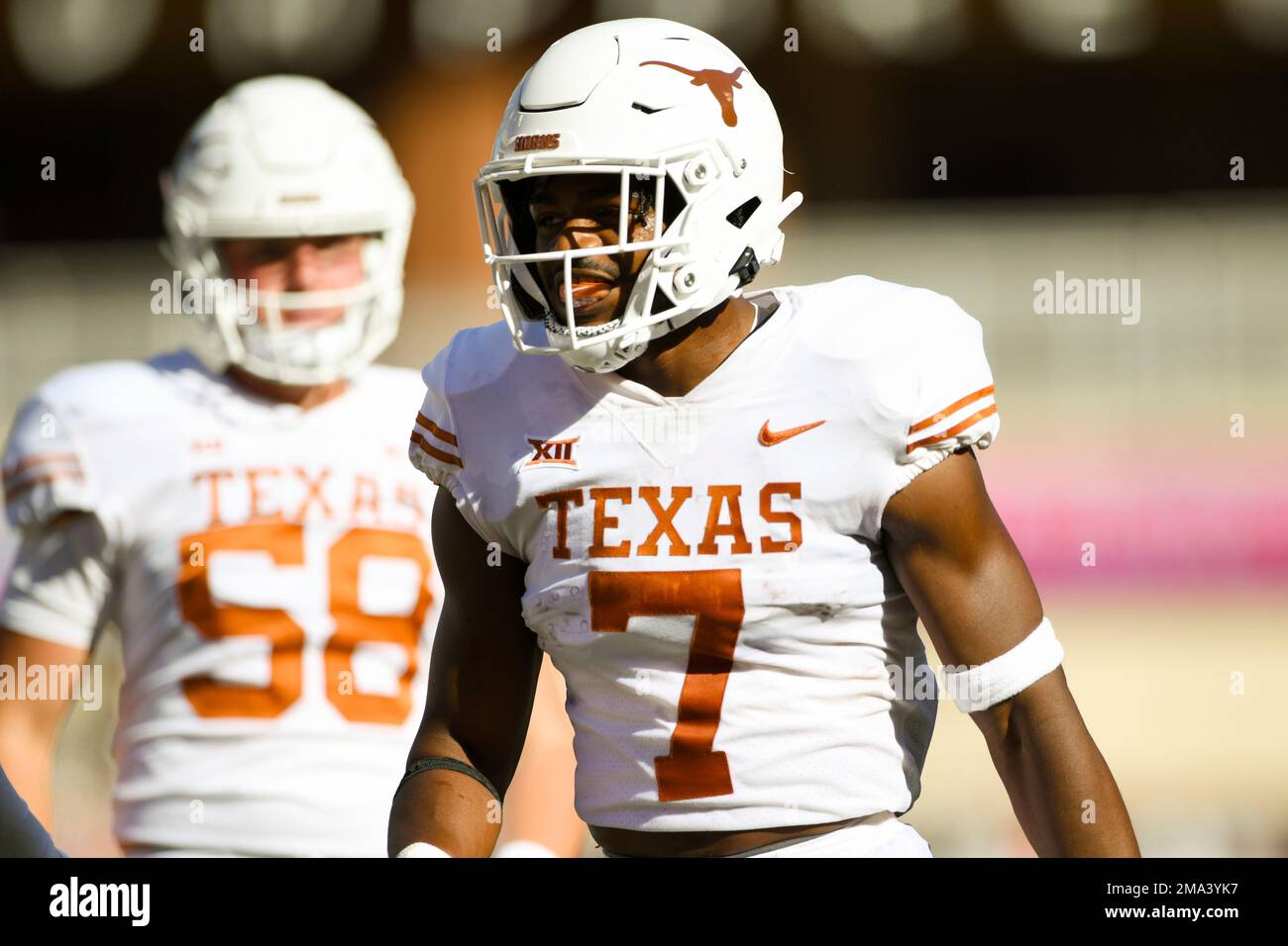 Texas running back Keilan Robinson (7) walks the field during an NCAA ...