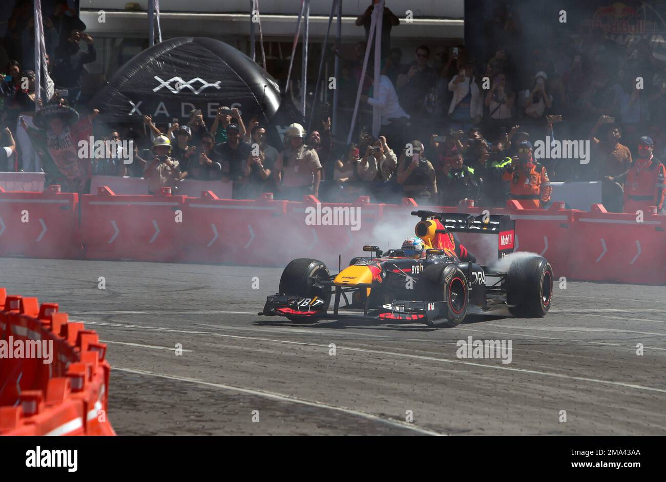 Mexican Formula One Red Bull driver Sergio "Checo" Perez drives in an exhibition race through ...