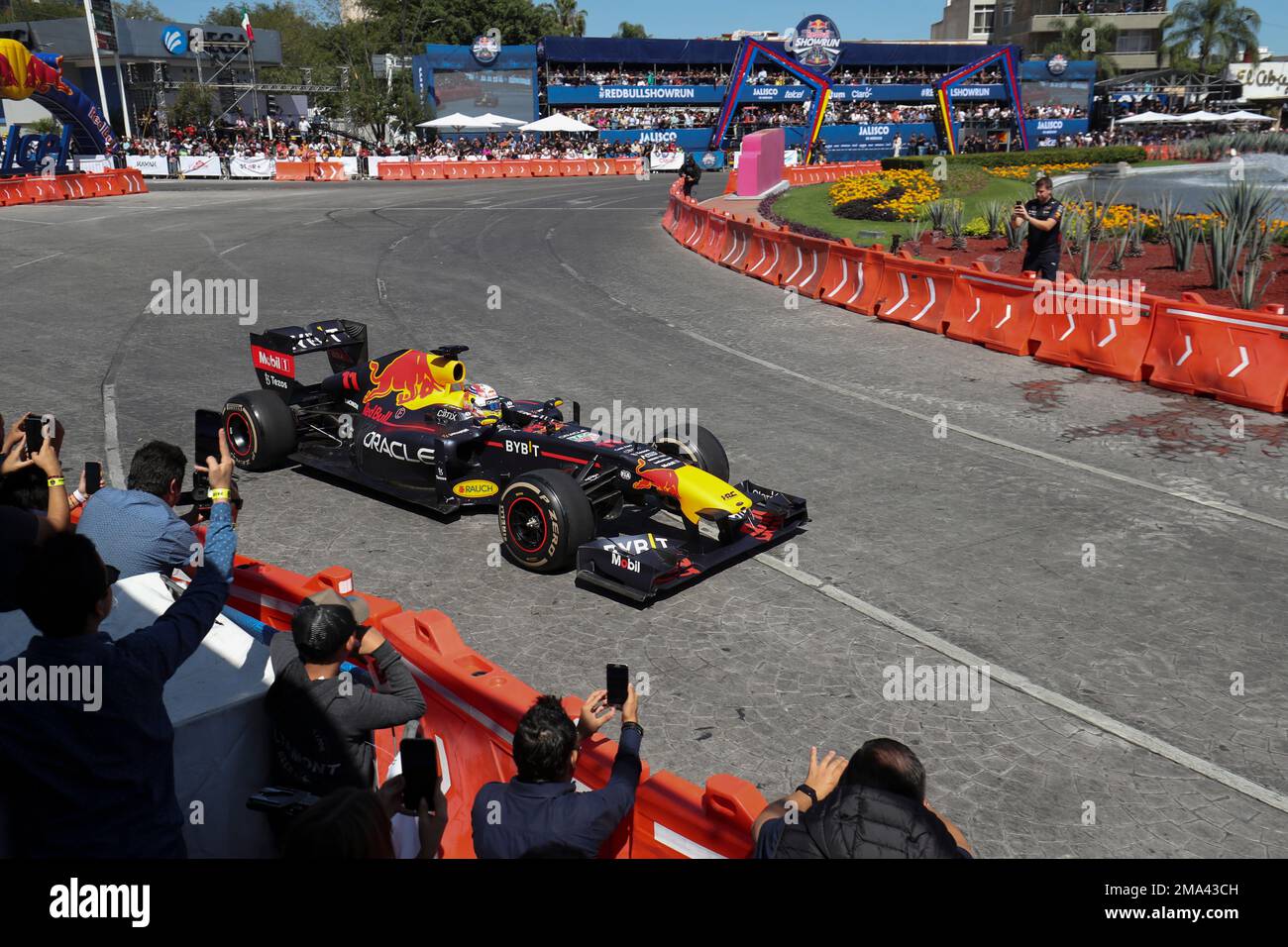 Mexican Formula One Red Bull driver Sergio "Checo" Perez drives in an exhibition race through ...