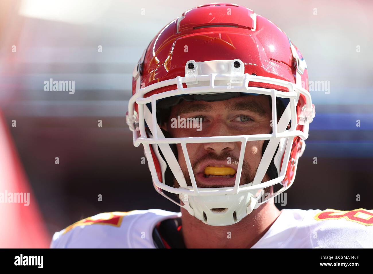 Kansas City Chiefs tight end Travis Kelce (87) looks on during the warm ...
