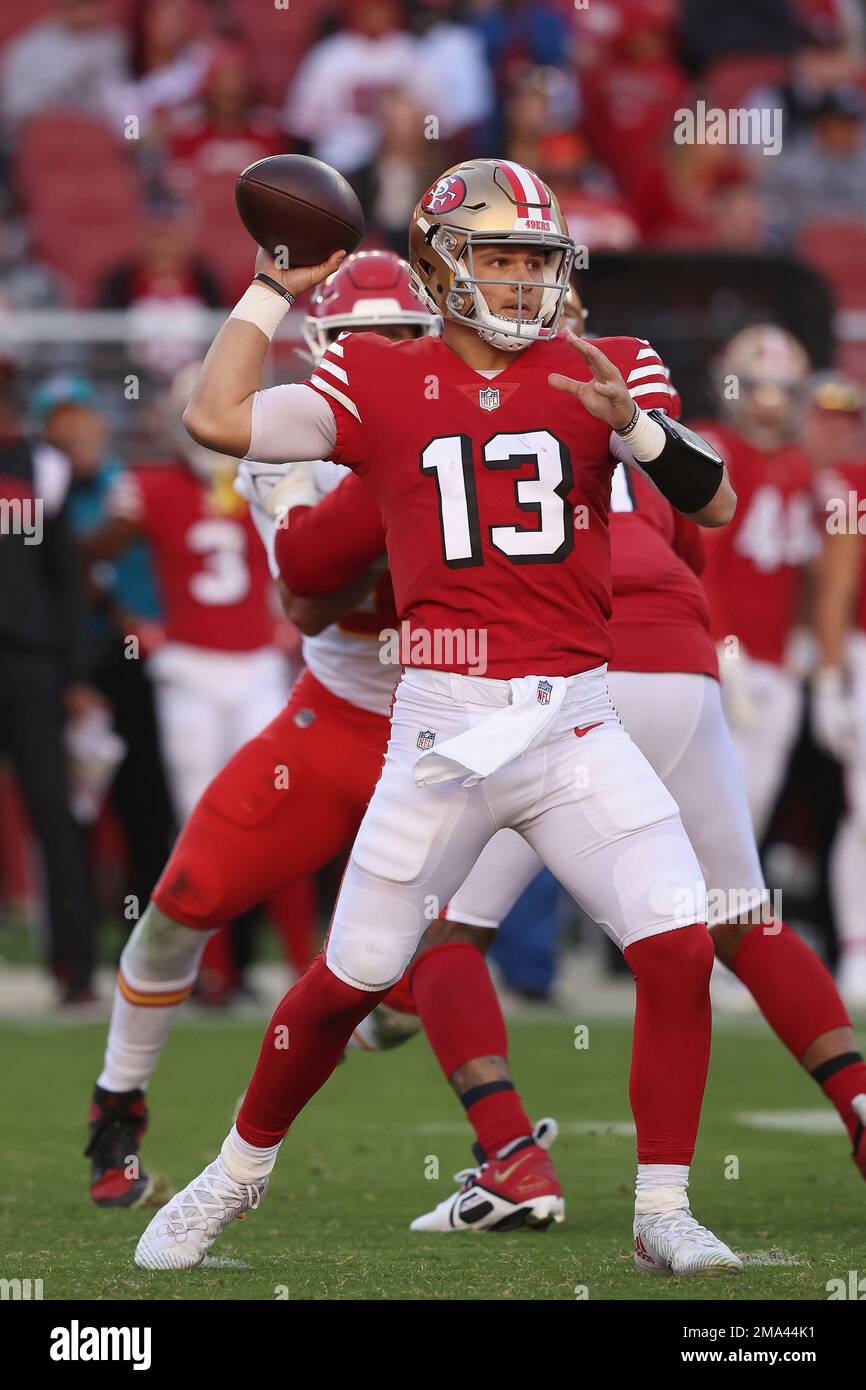 San Francisco 49ers quarterback Brock Purdy (13) passes the ball in the ...