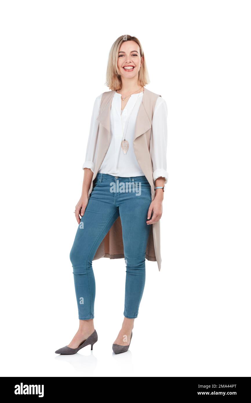 Studio portrait, woman and smile with fashion for workplace with beauty ...