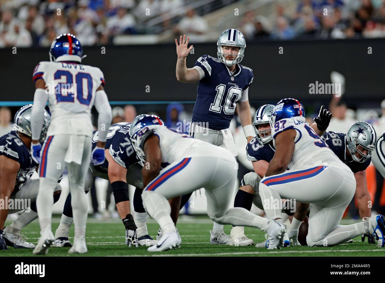 Dallas Cowboys quarterback Cooper Rush (10) gestures against the New ...