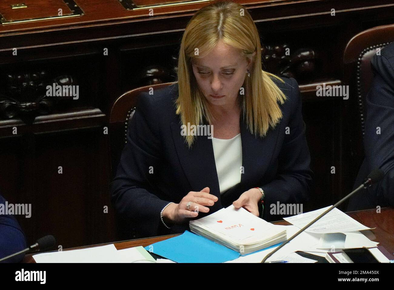 Italian Premier Giorgia Meloni sits at the lower Chamber ahead of a ...