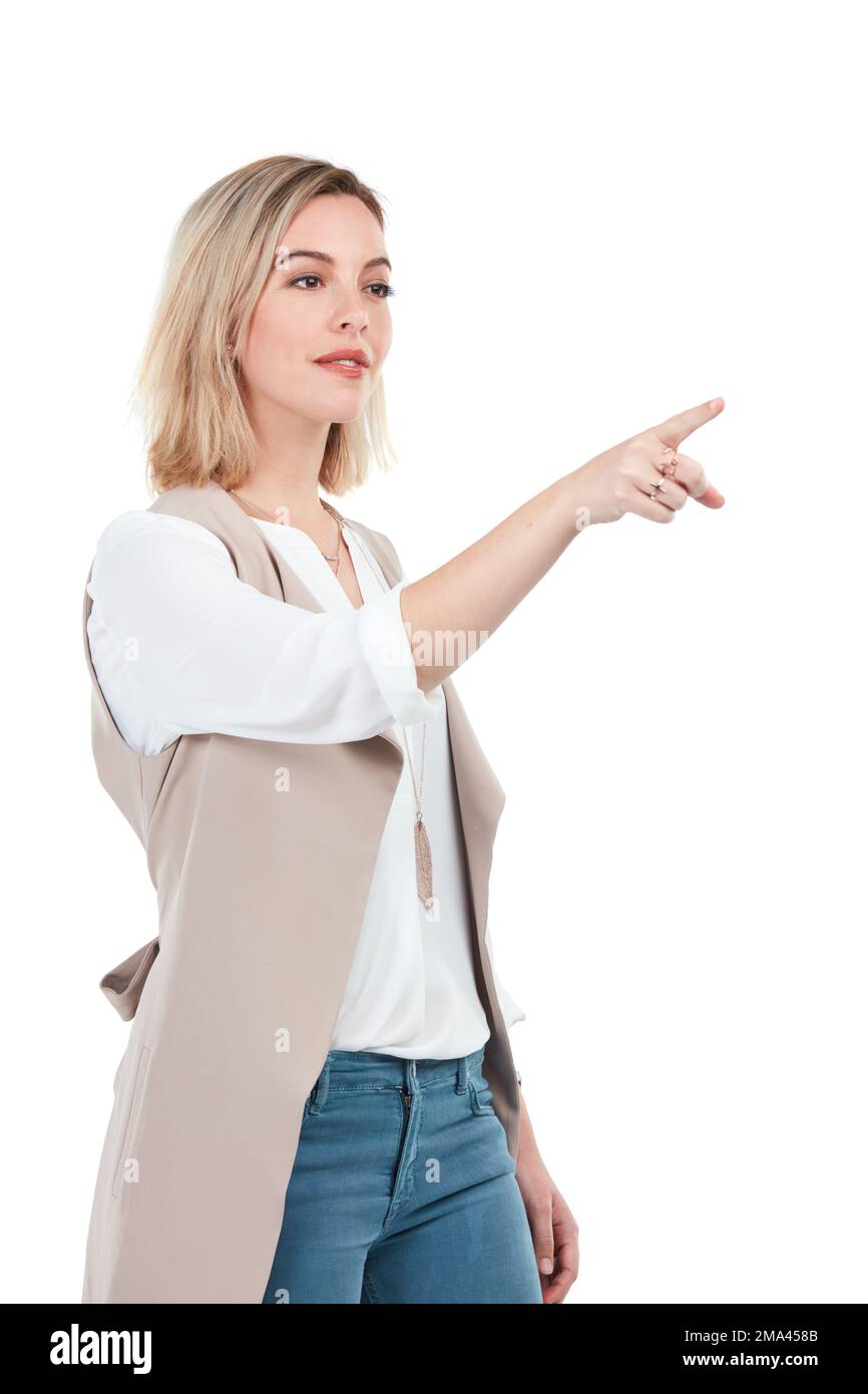 Fashion, pointing and mockup with a model woman in studio isolated on a ...