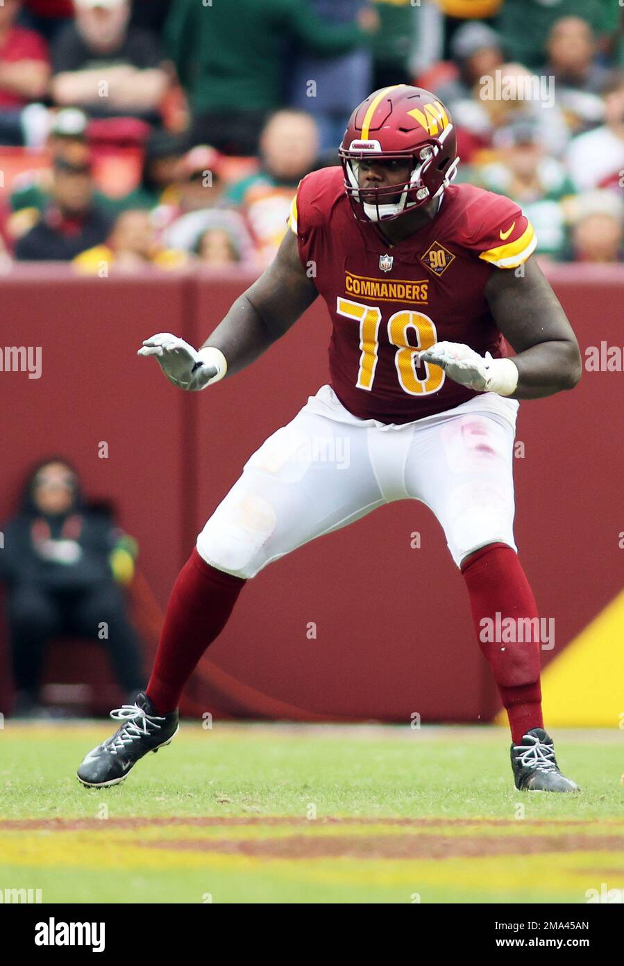 Washington Commanders offensive tackle Cornelius Lucas (78) blocks during an NFL football game ...