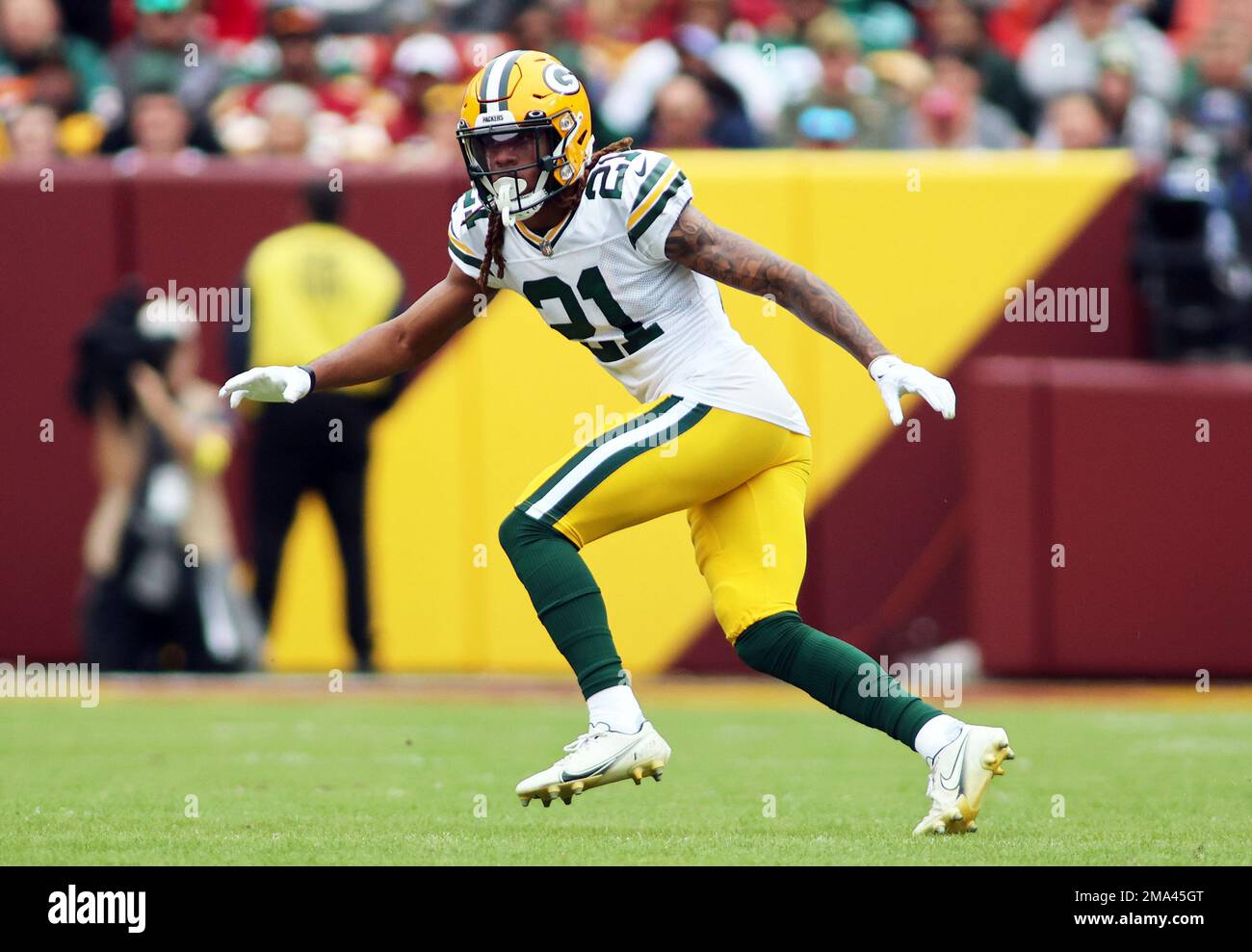 Green Bay Packers cornerback Eric Stokes (21) runs during an NFL ...