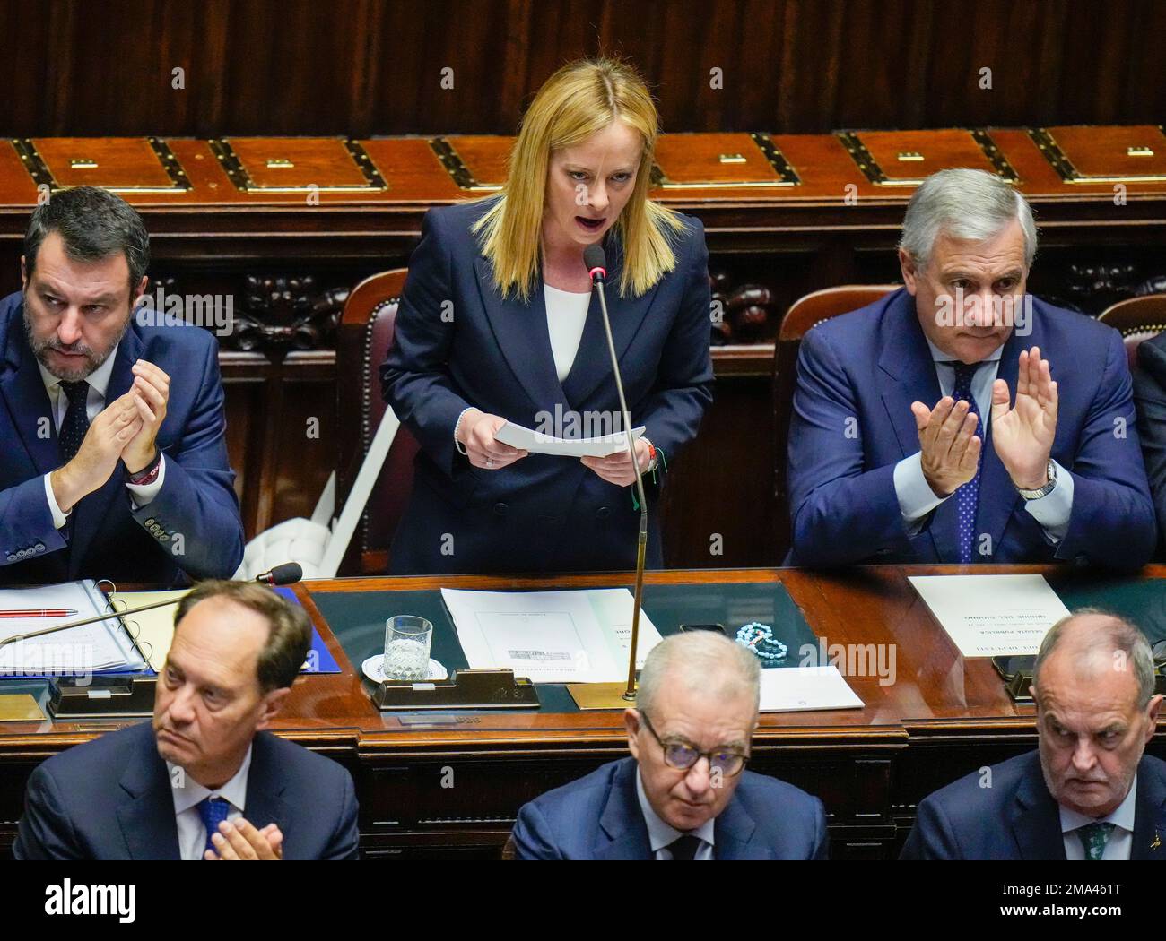 Italian Premier Giorgia Meloni, center, addresses the lower Chamber ...