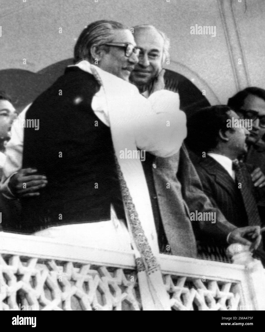 Bangladesh prime minister Sheikh Mujibur Rahman, left, hugs Pakistani ...