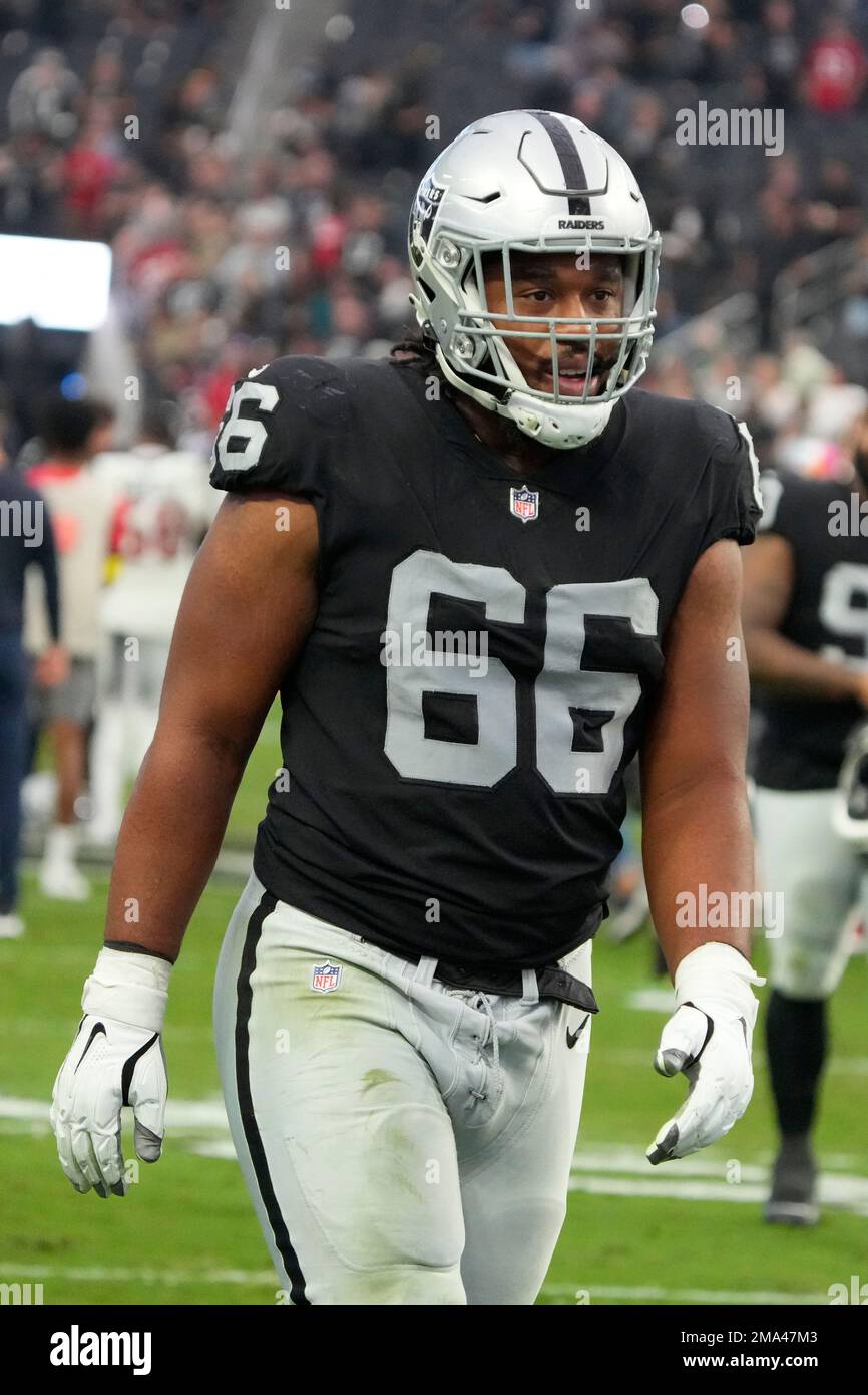 Las Vegas Raiders guard Dylan Parham (66) leaves the field after an NFL ...