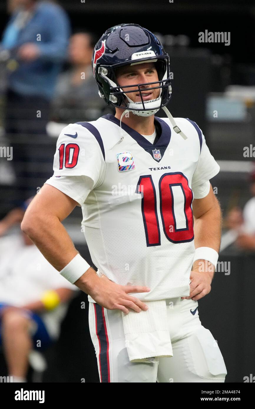 Houston Texans quarterback Davis Mills (10) warms up before an NFL football game against the Las ...