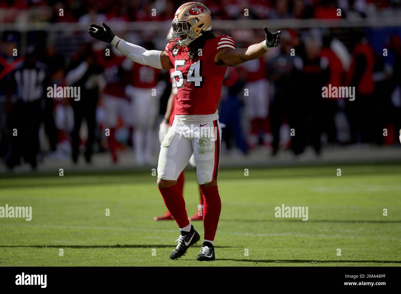 San Francisco 49ers linebacker Fred Warner (54) engages the crowd ...