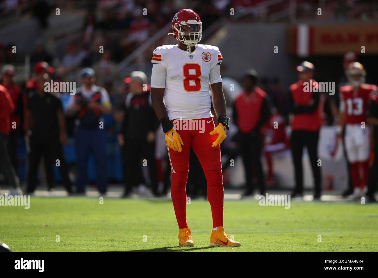 Kansas City Chiefs defensive end Carlos Dunlap (8) looks into the ...