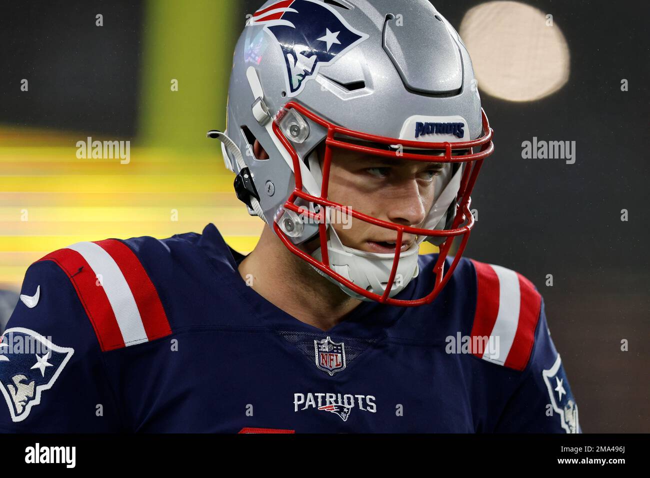 New England Patriots quarterback Mac Jones prior to an NFL football ...