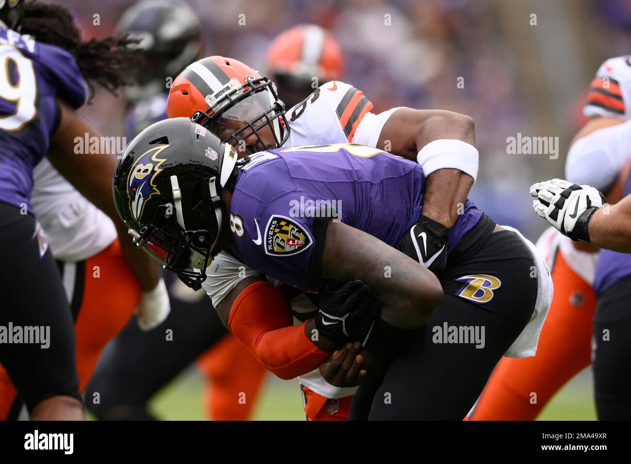 Cleveland Browns defensive end Myles Garrett (95) sacks Baltimore ...