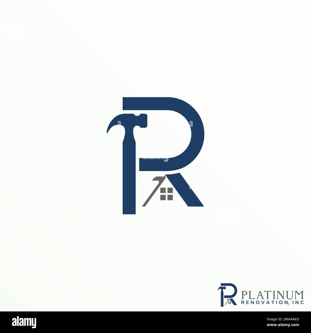 Simple letter or word R sans serif font with roof and hammer graphic icon logo design abstract ...