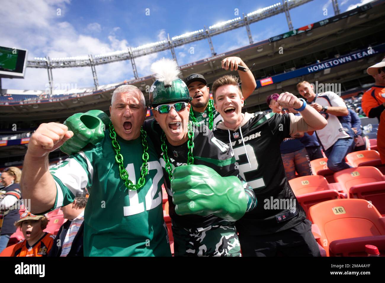 New York Jets fans including Mikey "Hulk hands" during the first half ...