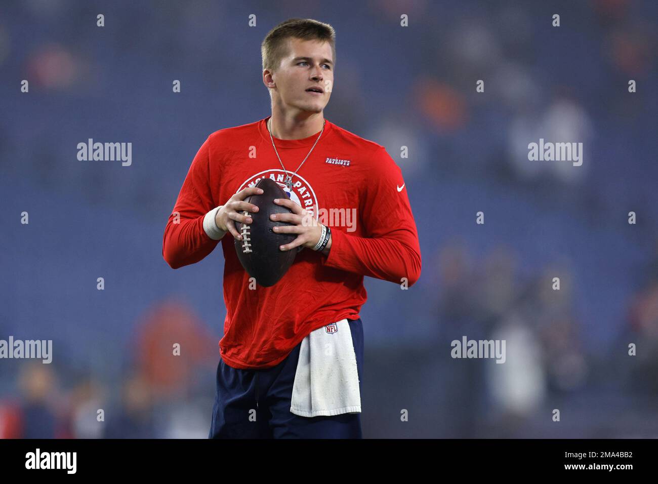 New England Patriots quarterback Bailey Zappe prior to an NFL football ...