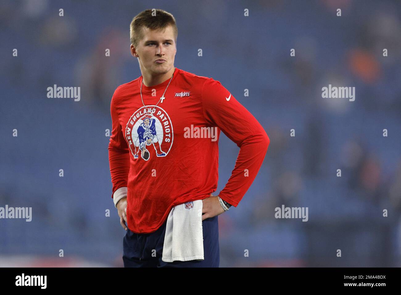 New England Patriots quarterback Bailey Zappe prior to an NFL football ...