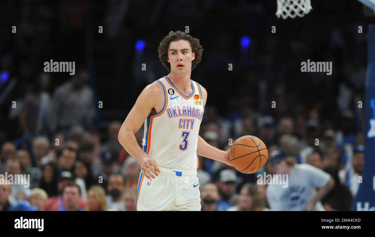 Oklahoma City Thunder guard Josh Giddey pushes down the court in the ...