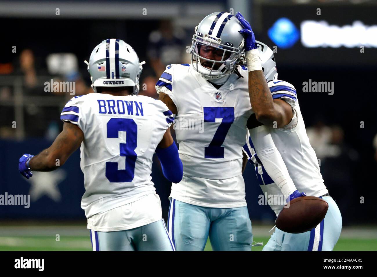 Dallas Cowboys cornerback Trevon Diggs (7) celibates with teammates ...