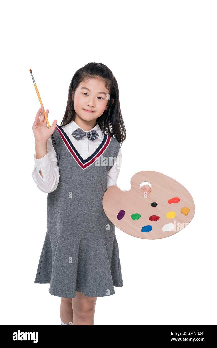 Happy pupils take palette Stock Photo - Alamy