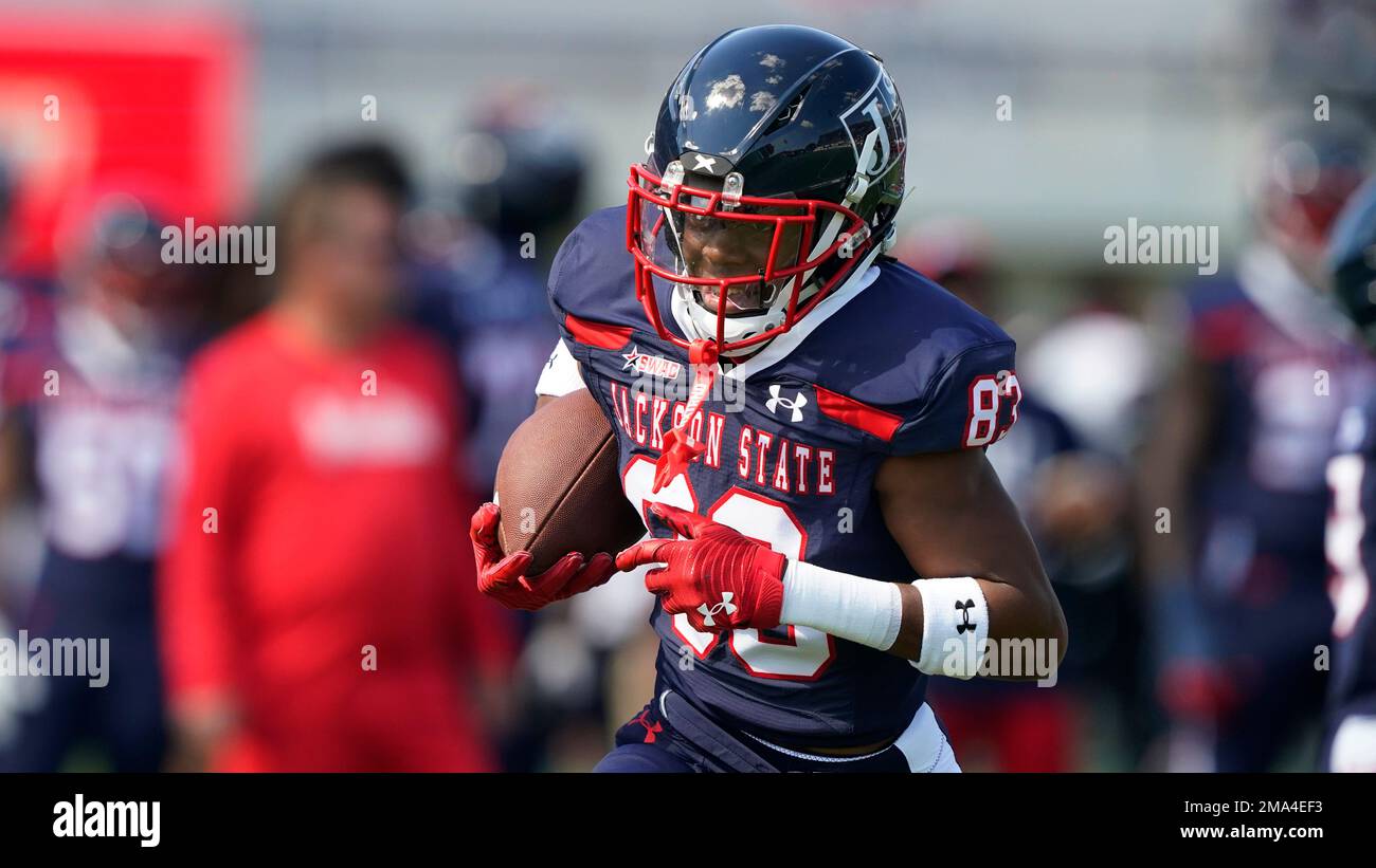Jackson State wide receiver Kobe Paul (83) runs upfield during warmups ...