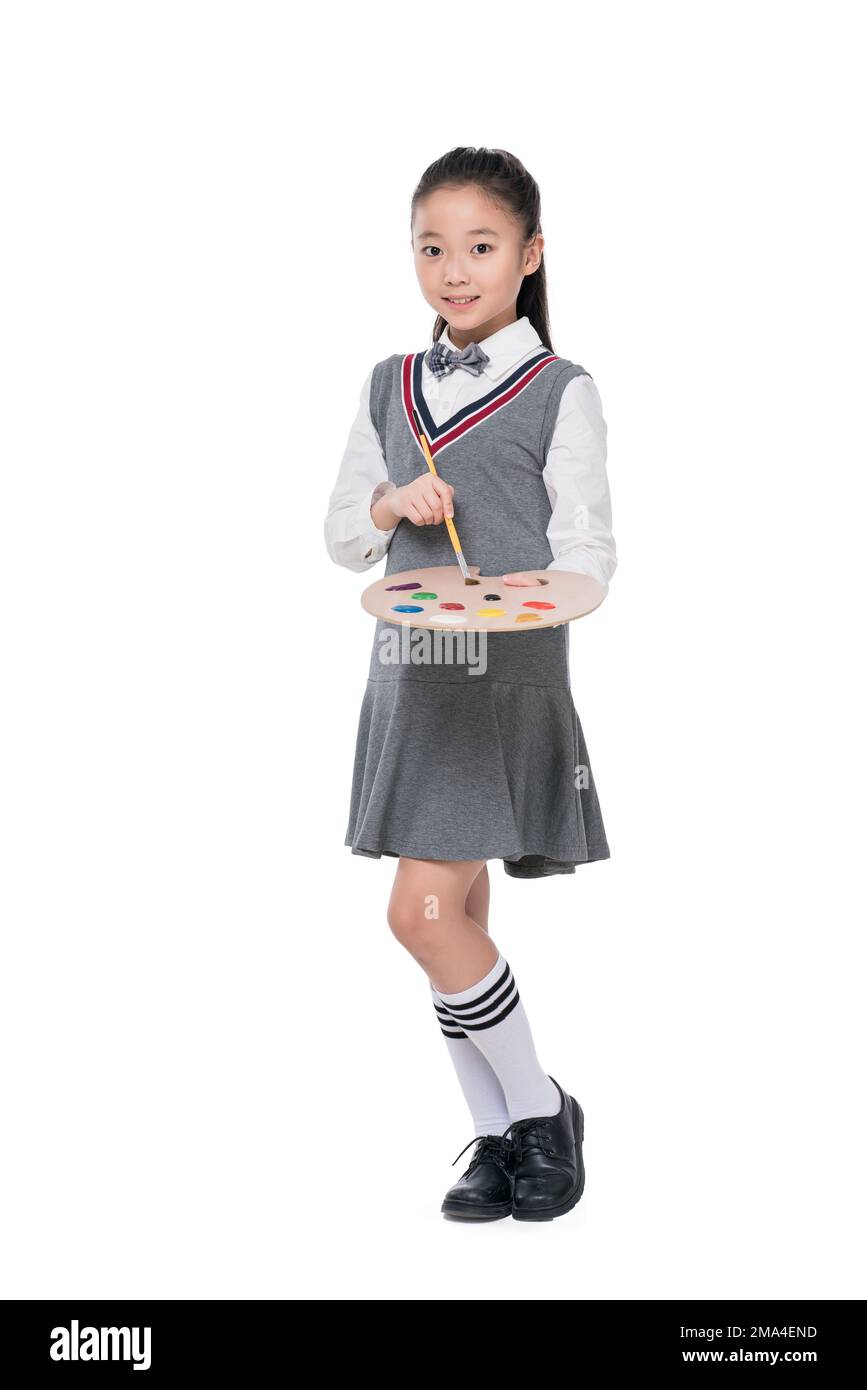 Happy pupils take palette Stock Photo - Alamy