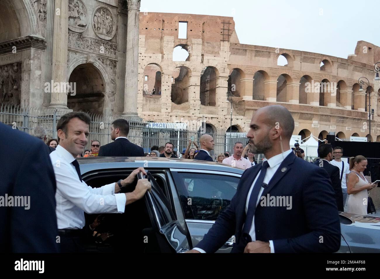 French President Emmanuel Macron gets in his car after visiting the ...