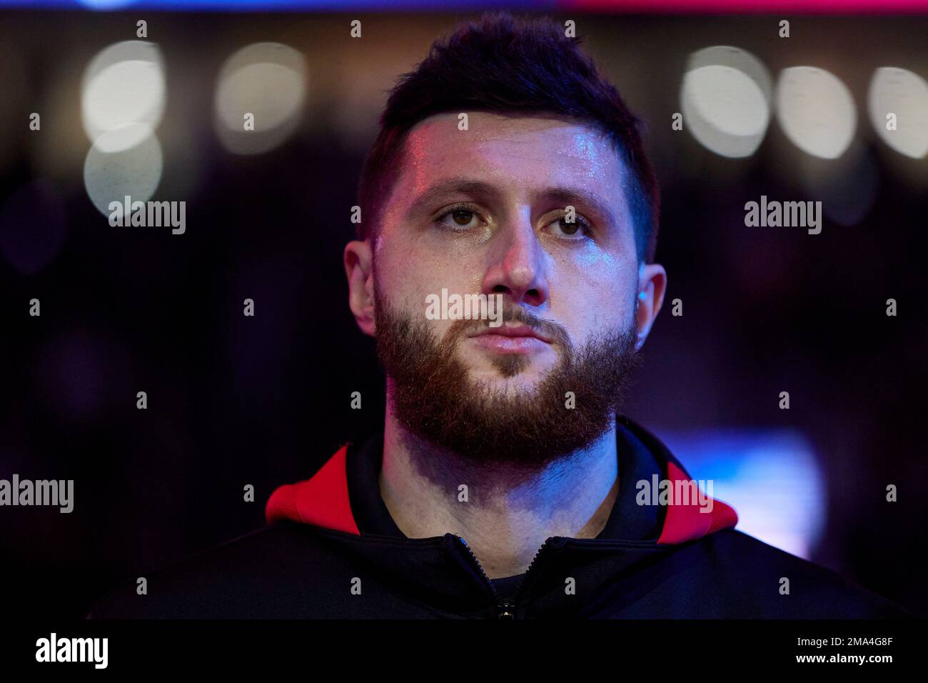Portland Trail Blazers center Jusuf Nurkic listens to the national ... Portland Trail Blazers center Jusuf Nurkic listens to the national ...