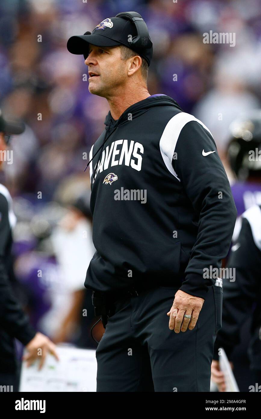 Baltimore Ravens head coach John Harbaugh during an NFL football game ...