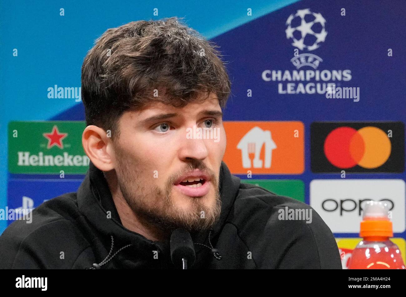 Dortmund's goalkeeper Gregor Kobel talks at a press conference prior ...