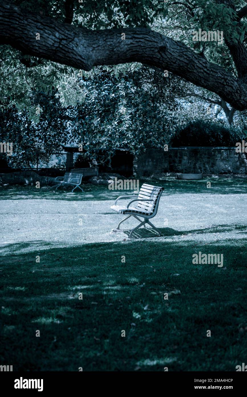 Single bench in the sun, Cockatoo Island, Sydney, NSW, Australia Stock ...