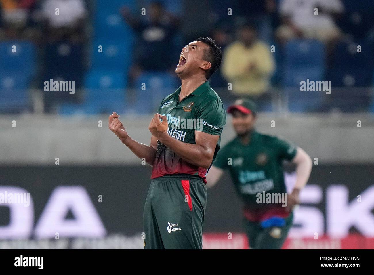 File - Bangladesh's Taskin Ahmed celebrates after taking the wicket of ...