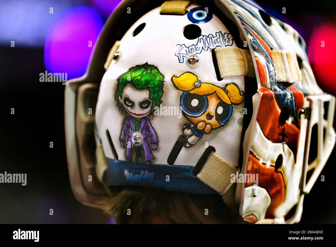 The back of the helmet of Columbus Blue Jackets goaltender Elvis ...