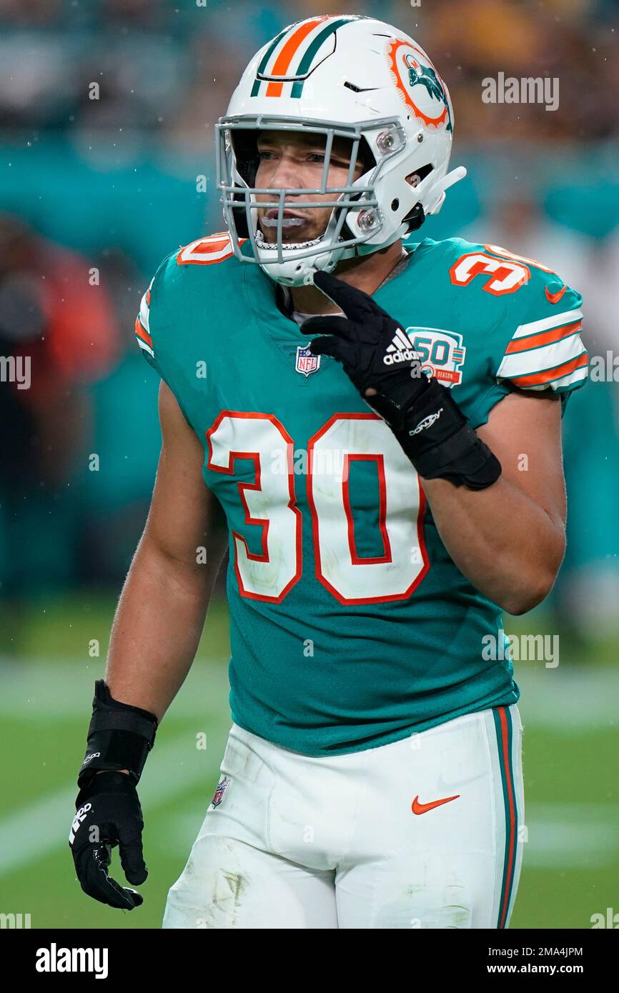 Miami Dolphins fullback Alec Ingold (30) stands on the field during the ...
