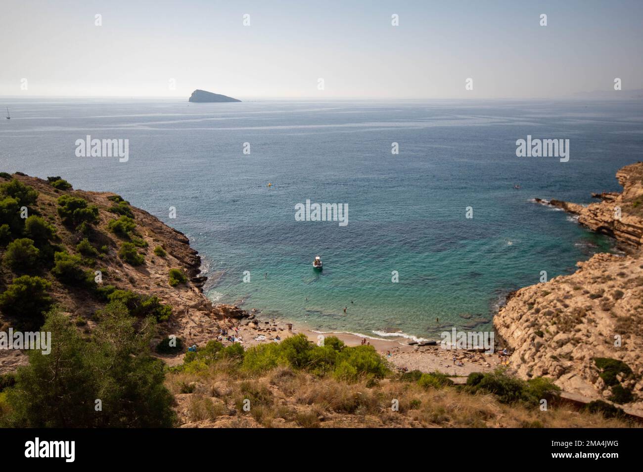 Panoramic view one of coves of Benidorm with the turquoise water of the ...