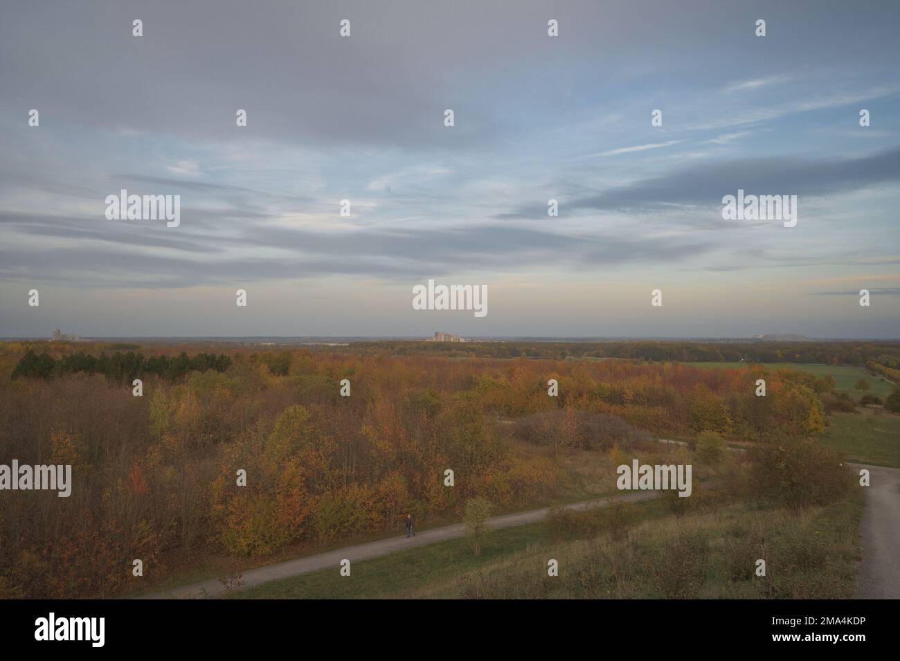 An aerial of a colorful autumn scene with an overcast sky above the ...