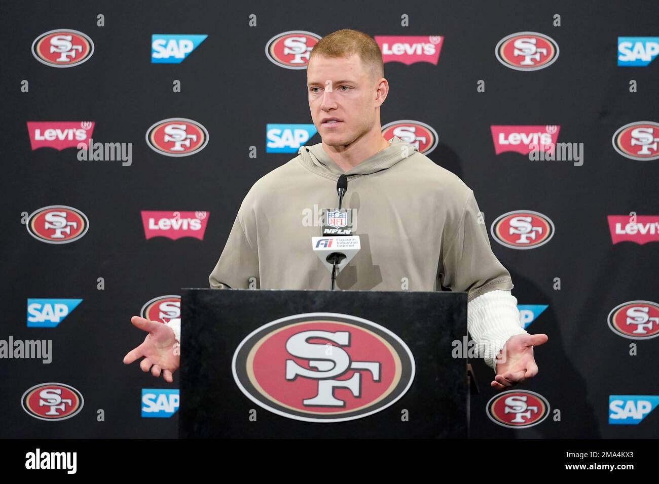 San Francisco 49ers running back Christian McCaffrey speaks at a news ...