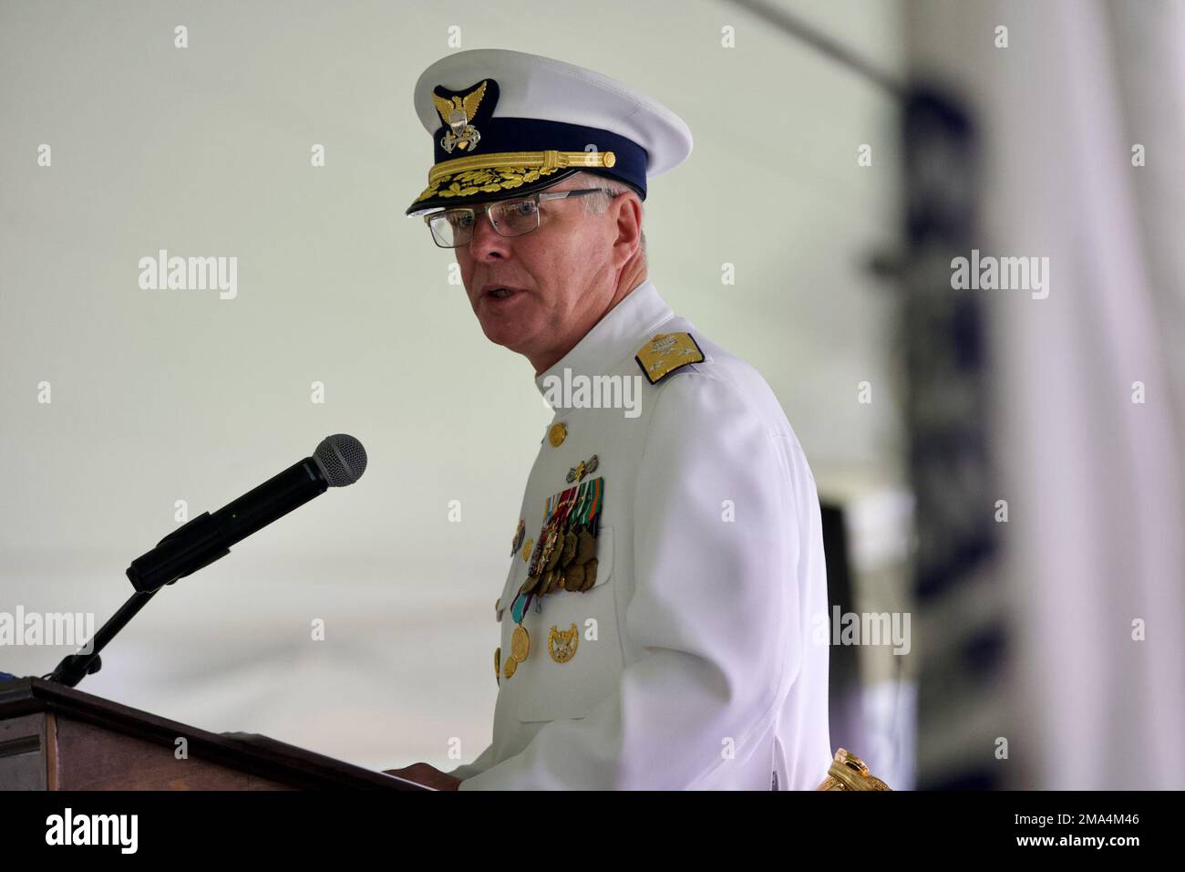 Vice Adm. Steven Poulin, commander of the U.S.Coast Guard Atlantic Area, gives remarks at the ...
