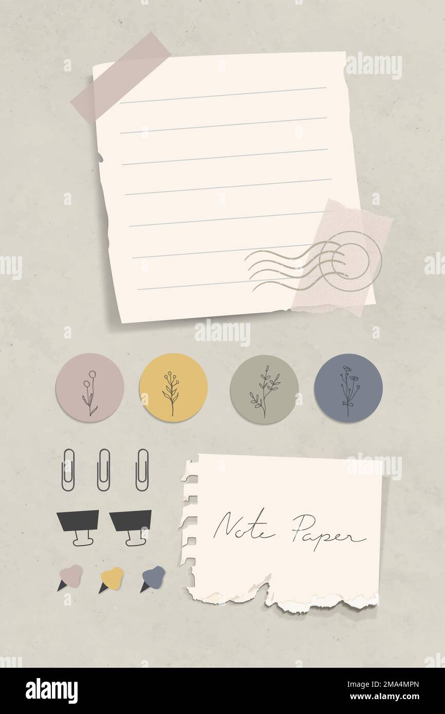 Ripped notepapers with paper clips, binder clips and pins on textured ...