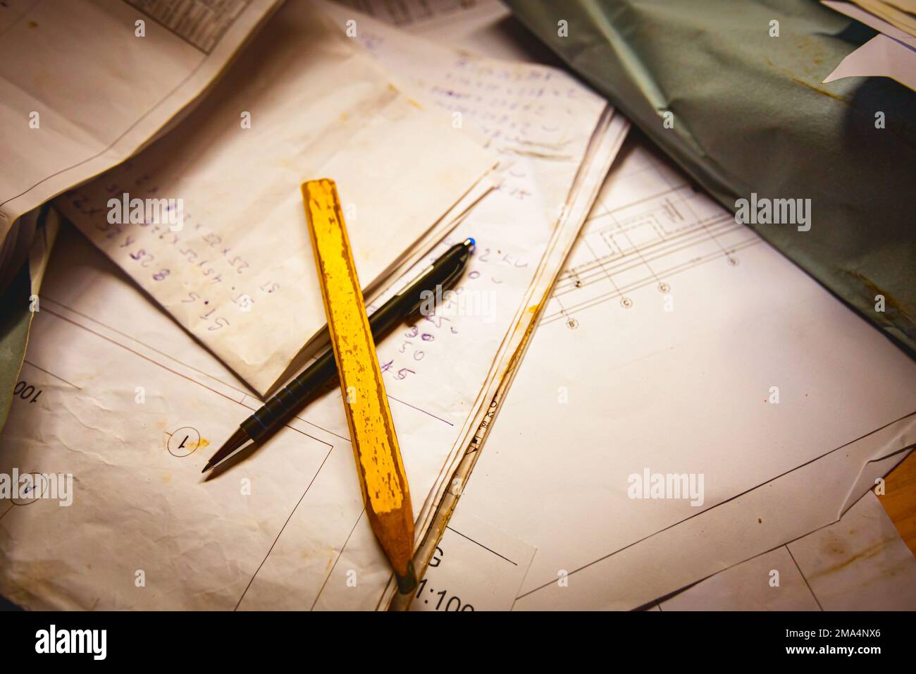 Used mason's graphite square wooden construction pencil and chemical ...