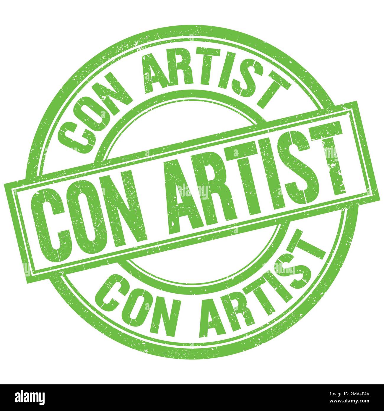 CON ARTIST text written word on green round stamp sign Stock Photo - Alamy