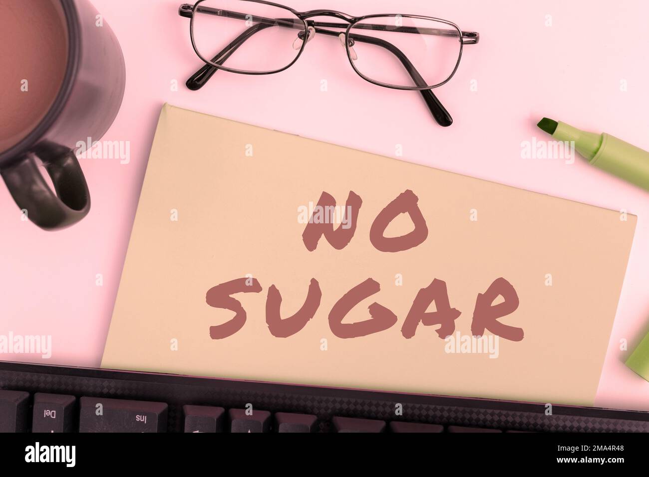 Hand writing sign No Sugar. Word for has been left behind and replaced ...