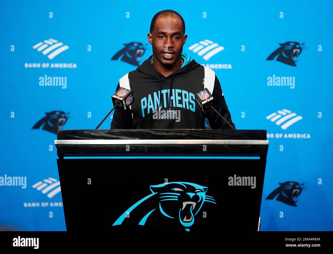 Carolina Panthers quarterback PJ Walker speaks to the media after his ...