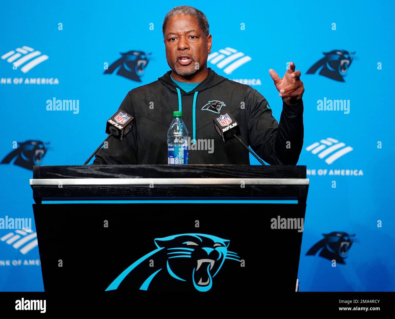 Interim Carolina Panthers head coach Steve Wilks talks to the media ...