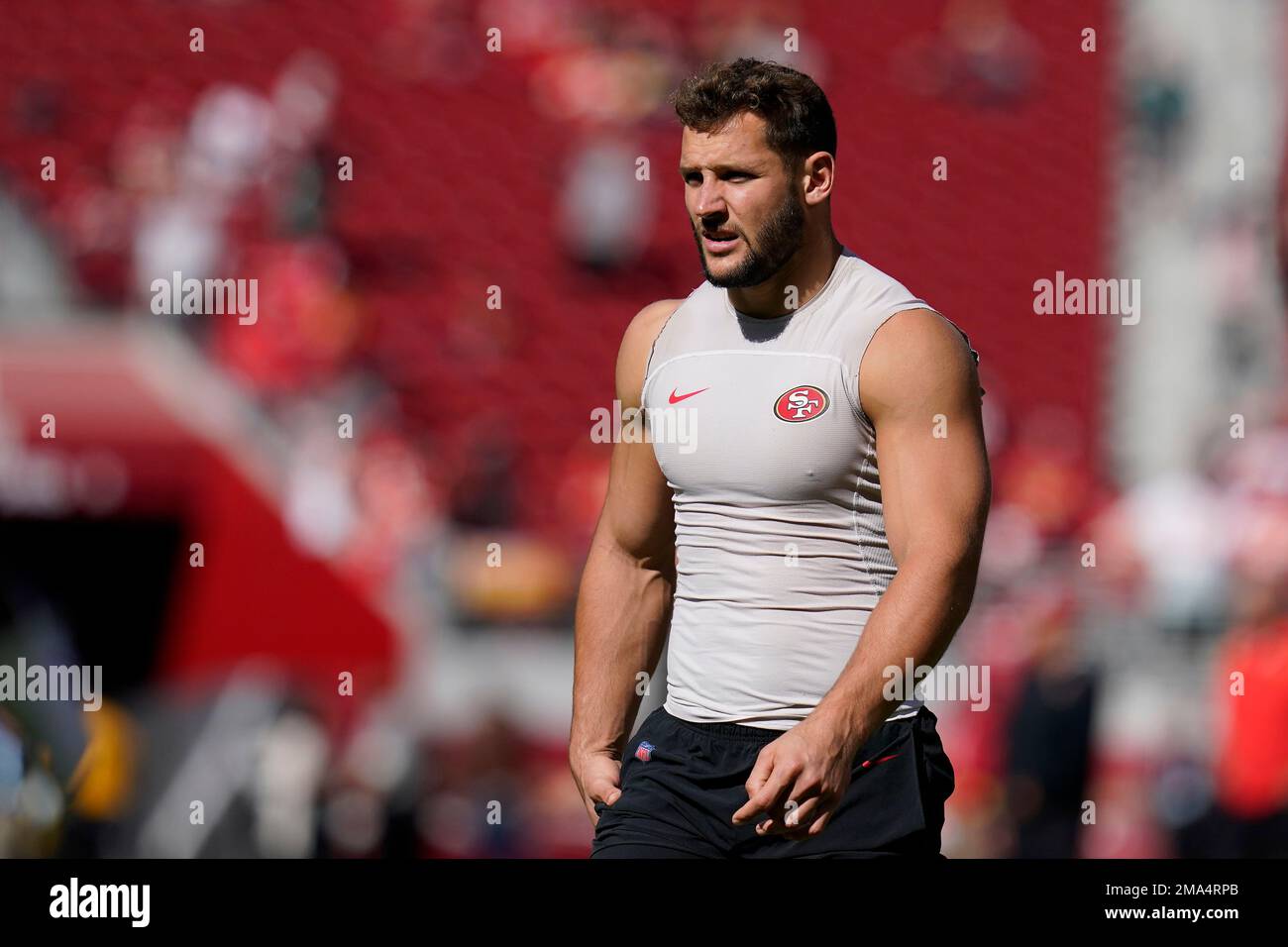 San Francisco 49ers defensive end Nick Bosa warms up before an NFL ...