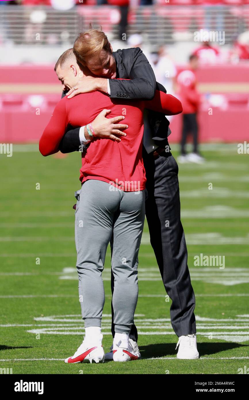San Francisco 49ers running back Christian McCaffrey (23) is greeted by ...